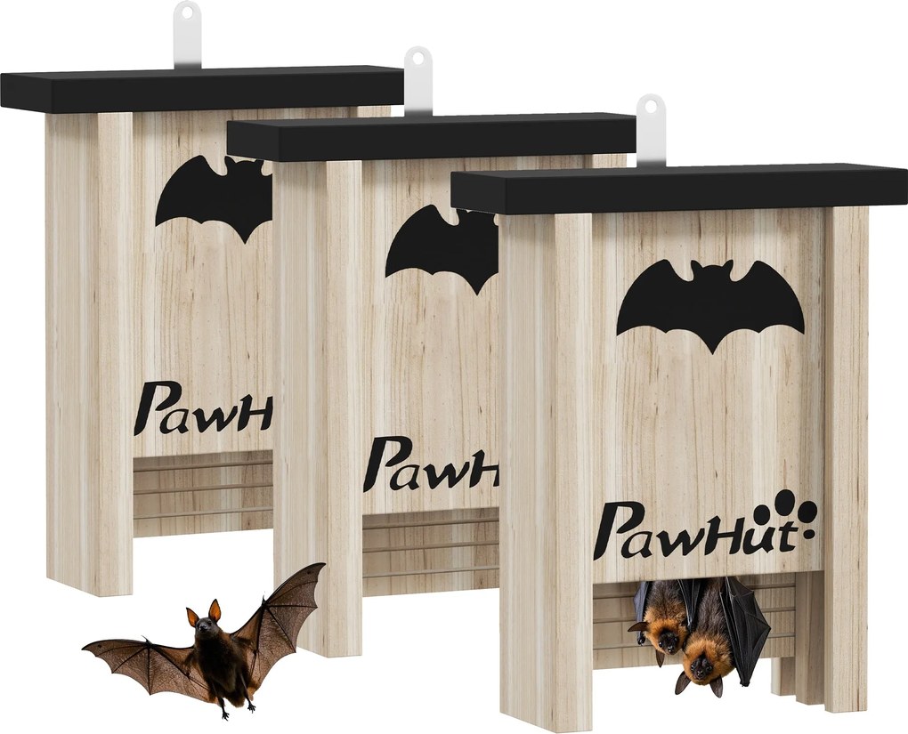 PawHut Sada letkových domků 3 kusy, dům pro netopýry, hnízdící box pro netopýry, letkový domek k zavěšení v zahradách, sadech, farmách, přirozené jedl