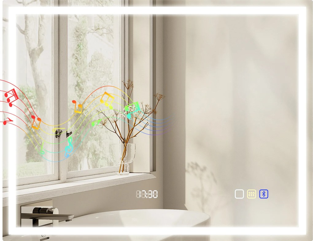 HOMCOM LED koupelnové zrcadlo Bluetooth 90 x 70 cm dotykový spínač, stmívatelné světlo 3 barvy, protimlž, paměť, stříbrné