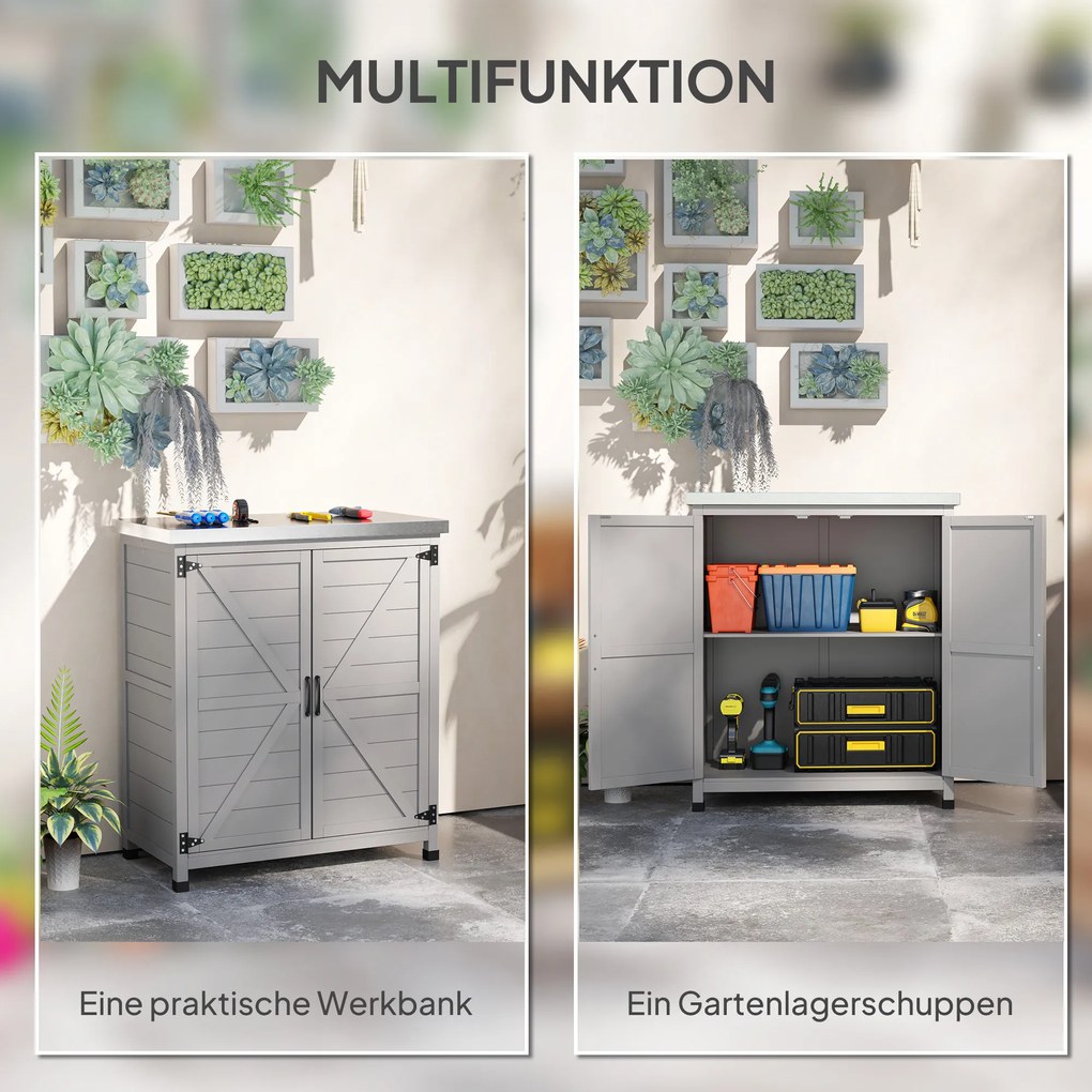 Gartenschrank, Außenschrank mit Arbeitsfläche, Werkzeugschrank, Massivholz, Stahl, 79B x 43T x 92H cm, Grau