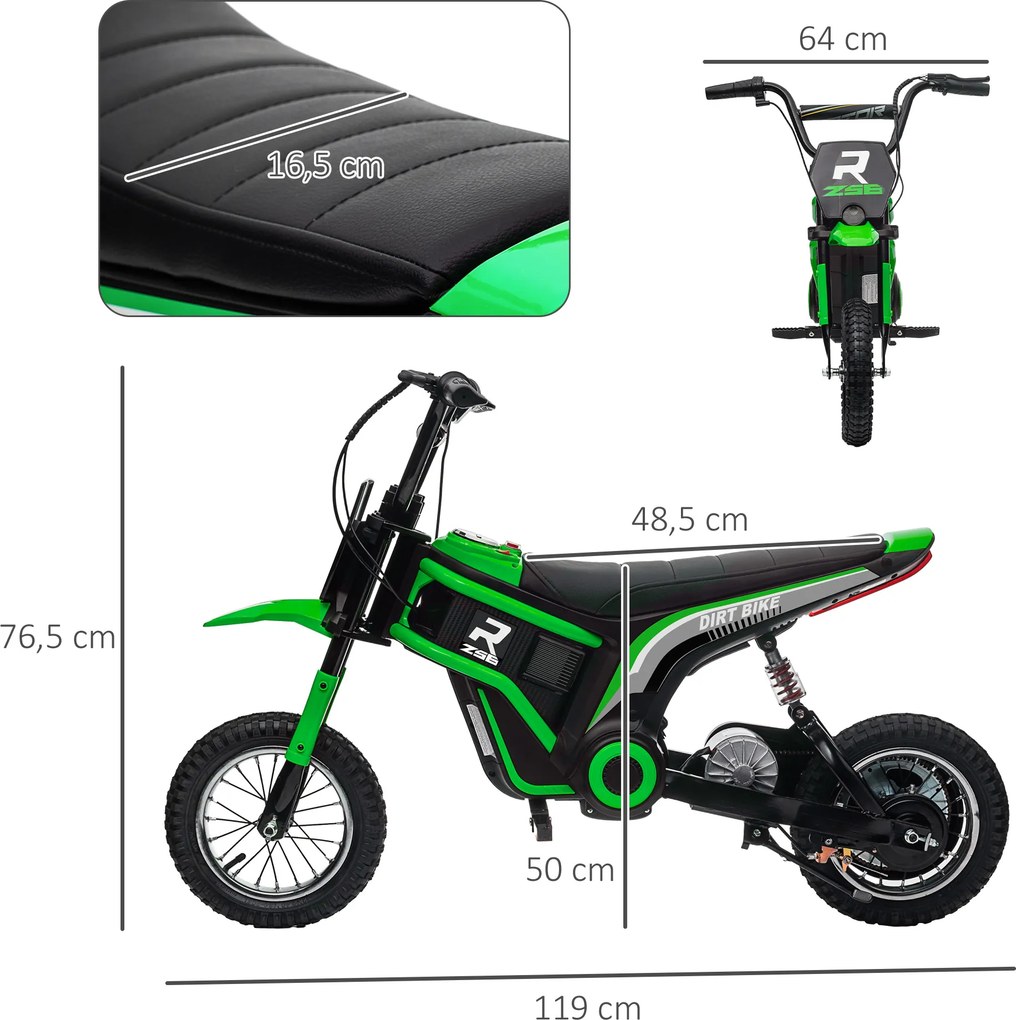 HOMCOM Dětská elektrická motorka 12V s klaksonem a světlem, 8-16 km/h, otočný plyn, pro děti 8-12 let, zelená | Aosom.de