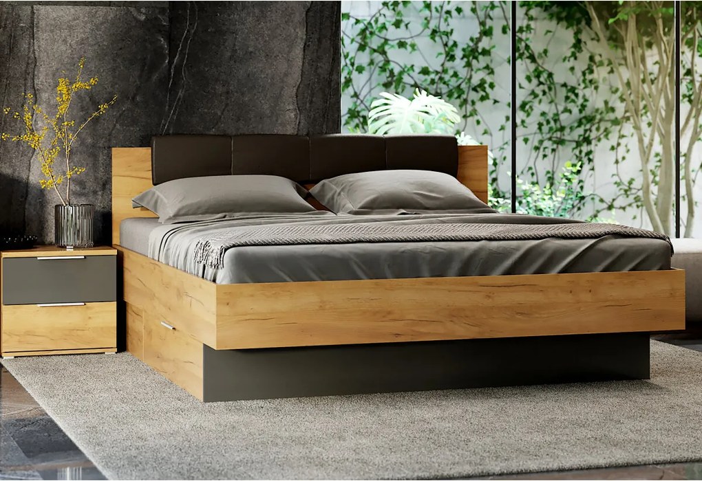 Postel 160x200, čalouněné čelo se šuplíky (bez rámu) Lava / dub kraft Luna