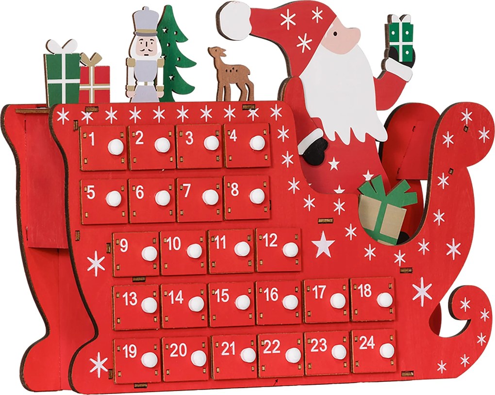 HOMCOM Naplňovací Adventní Kalendář 24 Šuplíků Vánoční Kalendář Adventní Kalendář Krabice Vánoční Dekorace DIY MDF Deska Červená 22,5 x 8 x 36 cm | Ao