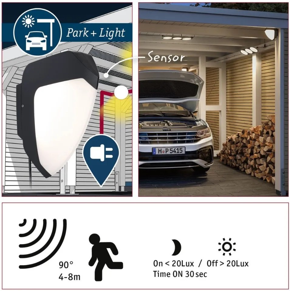 P 94518 Park + Light LED venkovní nástěnné svítidlo Ikosea vč. pohybové čidlo IP44 50x203mm 3000K 5,6W 12V antracit umělá hmota - PAULMANN