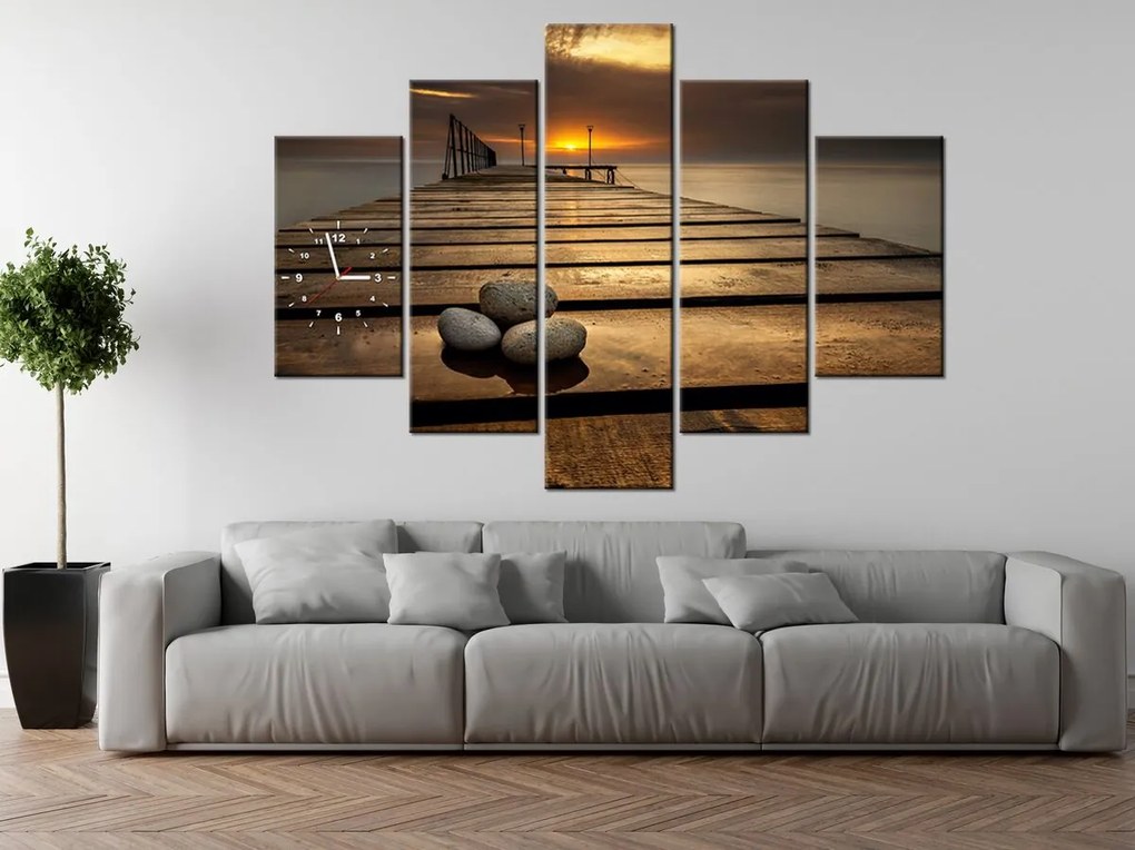 Gario Obraz s hodinami Nádherné ráno při molu - 5 dílný Rozměry: 150 x 70 cm