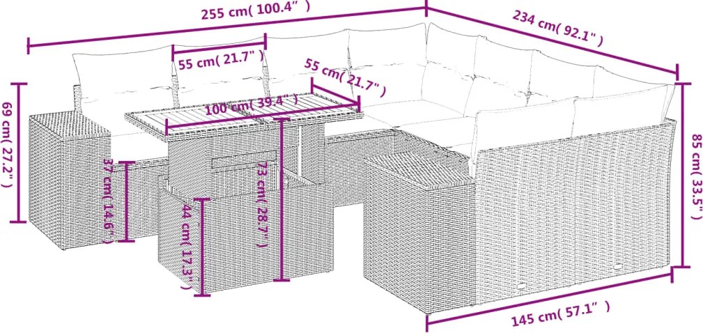 9dílná zahradní sedací souprava s poduškami černá polyratan 3272561