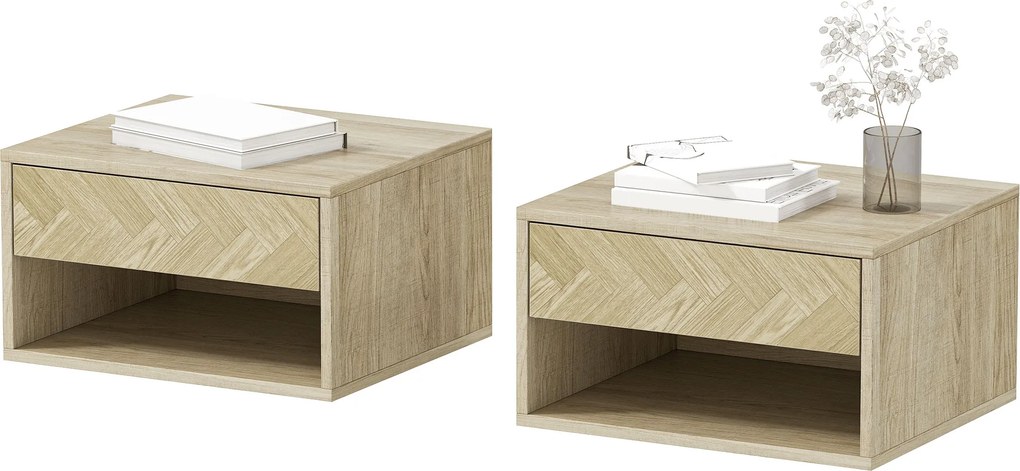 HOMCOM Sada 2 moderních závěsných nočních stolků s šuplíkem a otevřenou přihrádkou, 37x32x21 cm, přírodní dřevo