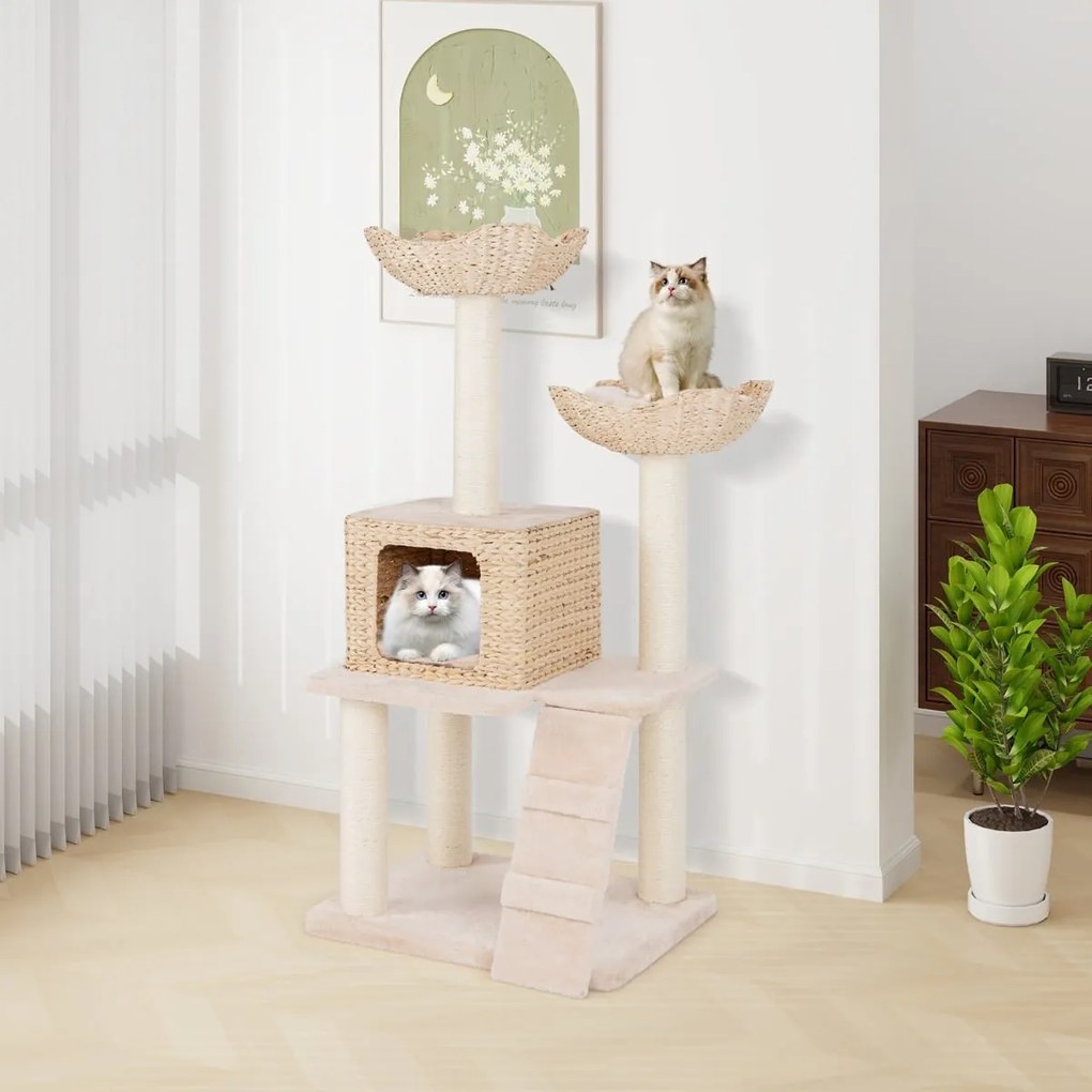 Costway Cattail cat tree se sisalovými sloupky a sedadlem a domečkem pro kočky