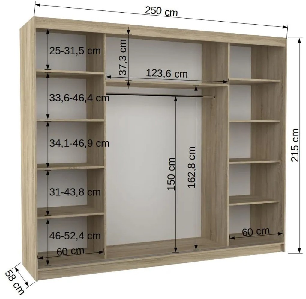 Šatní skříň s posuvnými dveřmi Denis - 250 cm Barva: Bílá/dub Sonoma