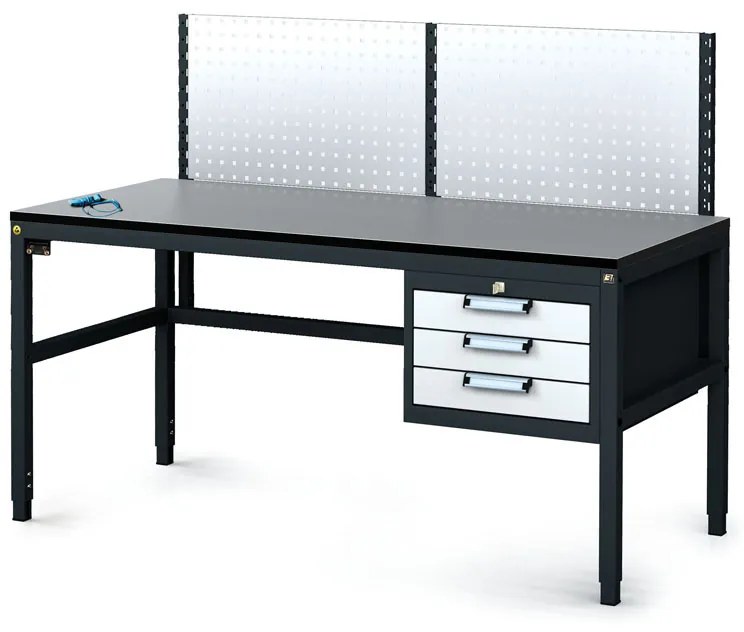 Antistatický dílenský ESD stůl s perfopanelem, 3 zásuvkový box na nářadí, 1600x800x745-985 mm