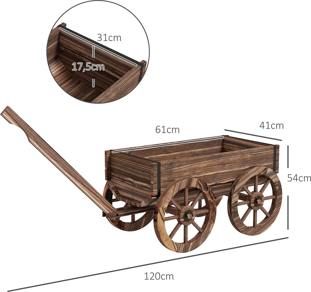 Květinový truhlík Outsunny v designu dřevěného vozíku, vozík na rostliny s rukojetí, nosnost až 30 kg, ideální na zahradu a terasu, ohořelý |