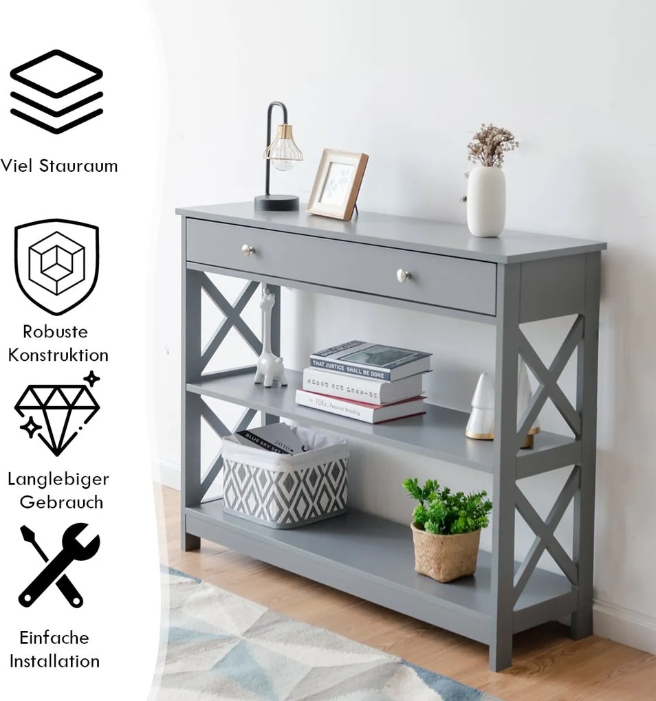 Costway Konzolový stůl 3 úrovně se zásuvkou ze dřeva – 100 × 30 × 80 cm, šedá