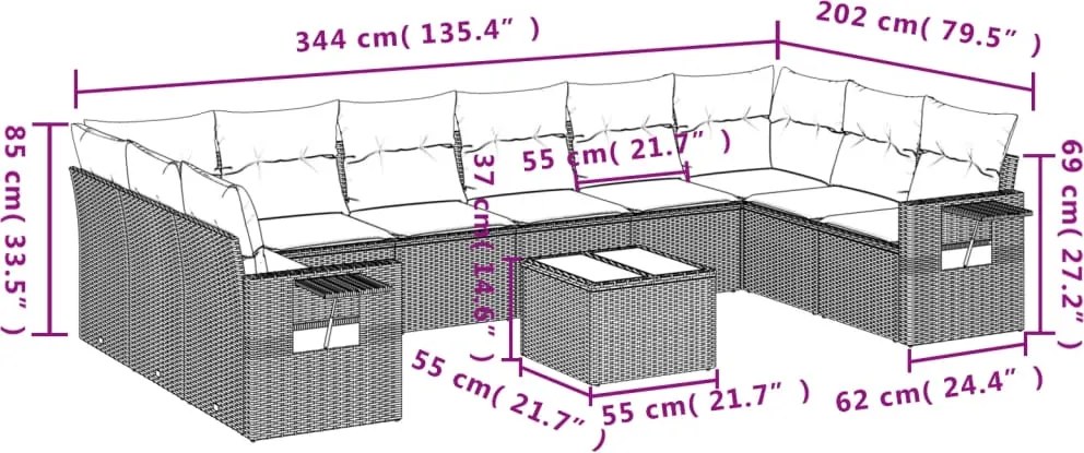 11dílný zahradní sedací souprava s poduškami hnědý polyratan 3253020