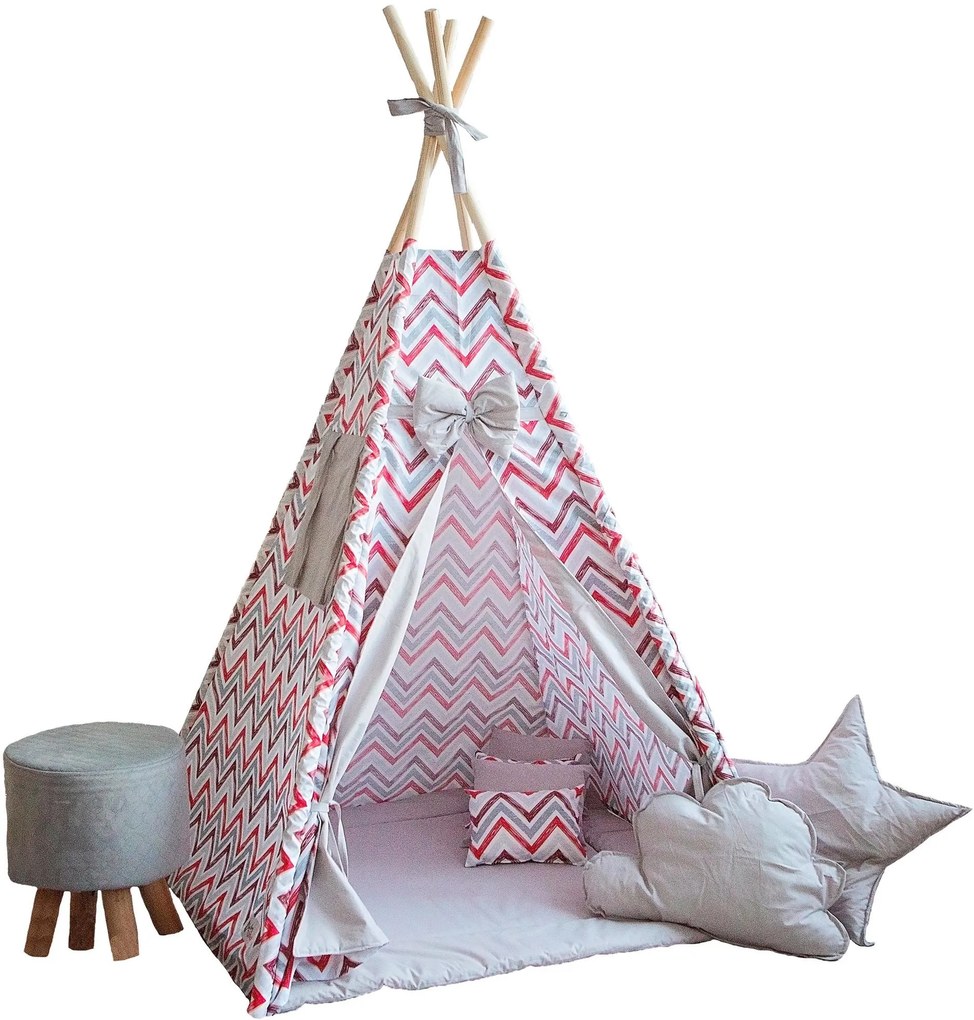 Dětský stan babytýpka teepee cikcak red grey