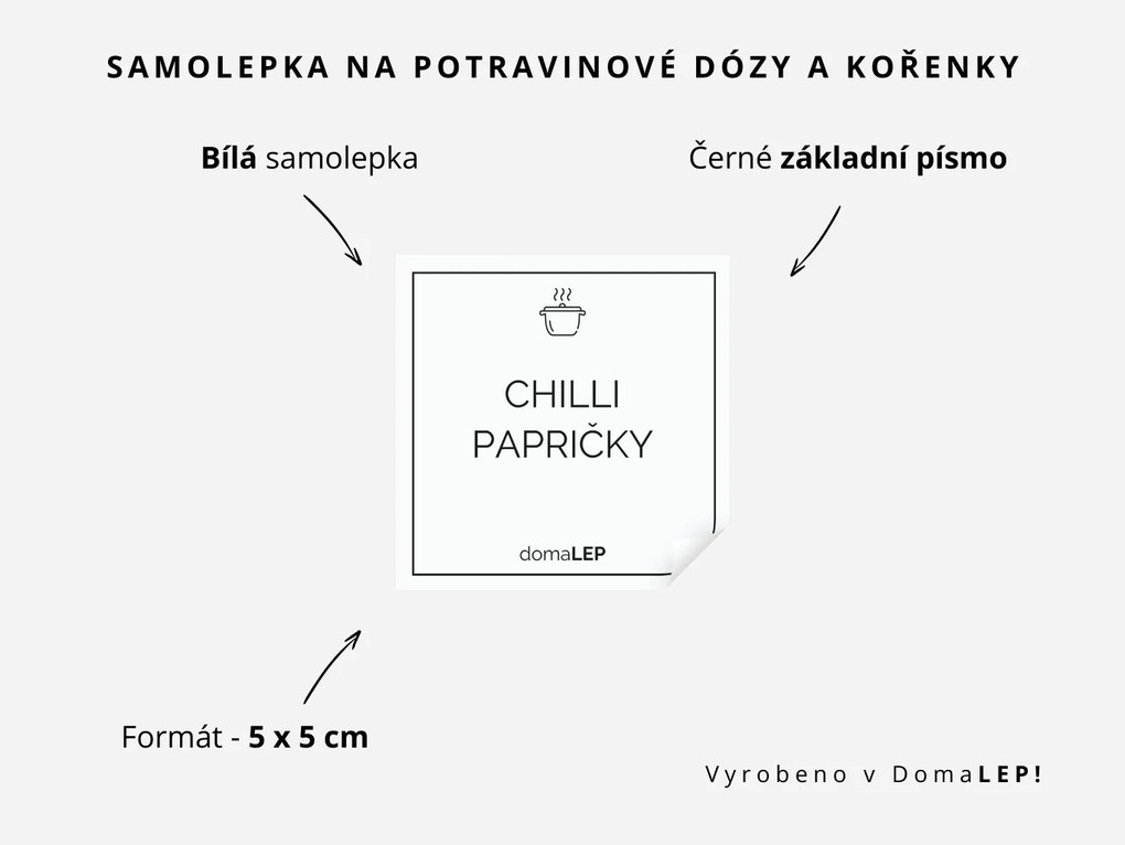 CHILLI PAPRIČKY - omyvatelná samolepka na kořenky, výběr rozměrů Ø 5 cm / 5 x 5 cm / 6 x 8 cm | DomaLEP tvar: OBDÉLNÍK, barva: BÍLÁ - ČERNÉ písmo, velikost: š. 6 cm x v. 8 cm – základní písmo