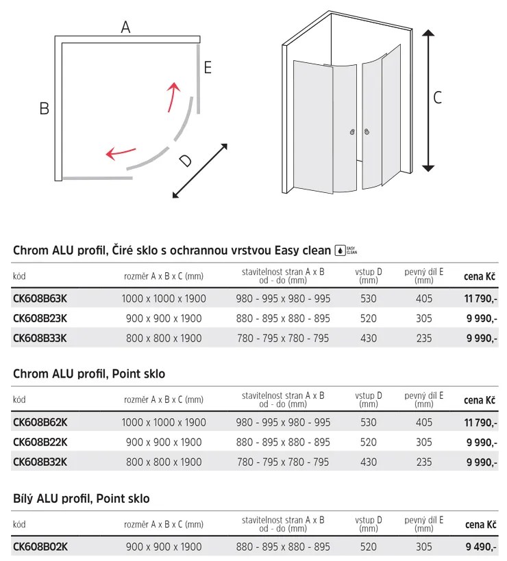 Mereo Lima sprchový set čtvrtkruh 100x190 cm R 550 sklo Čiré vanička z litého mramoru ALU chrom CK608B63KM