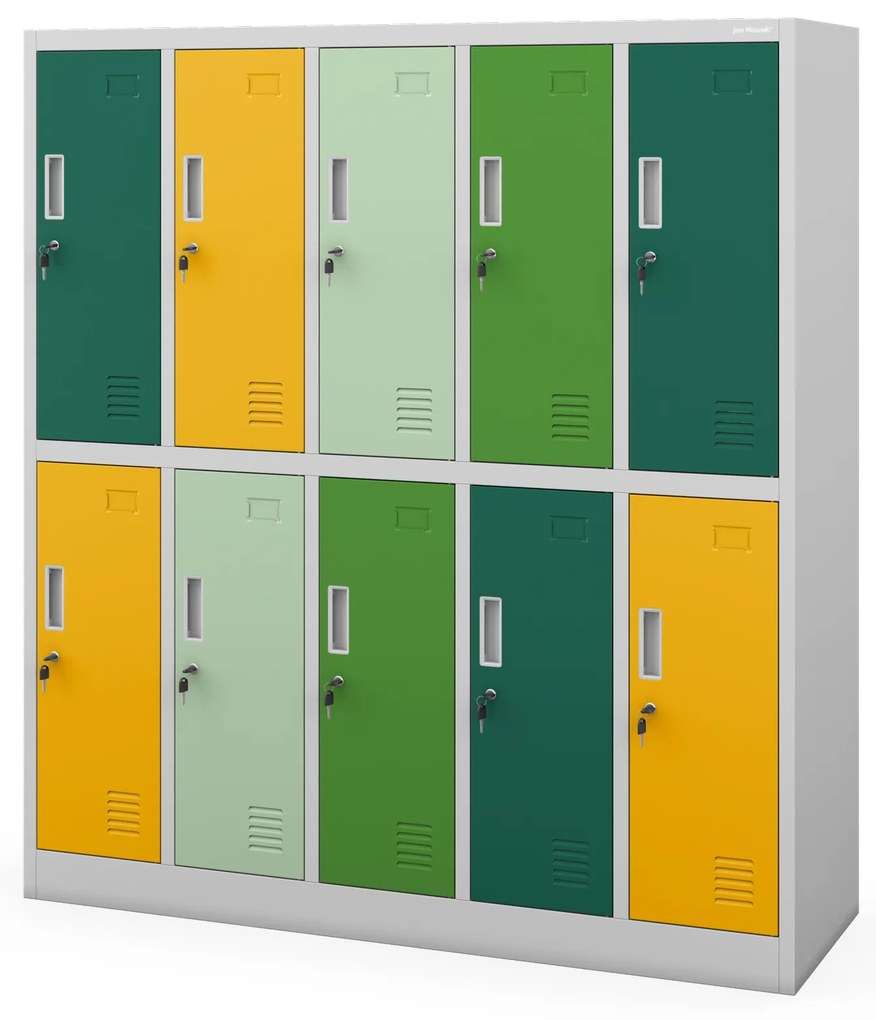 Plechová šatní skříň s 10 boxy BARTUŚ, 1360 x 1500 x 450 mm, šedo-více barevní
