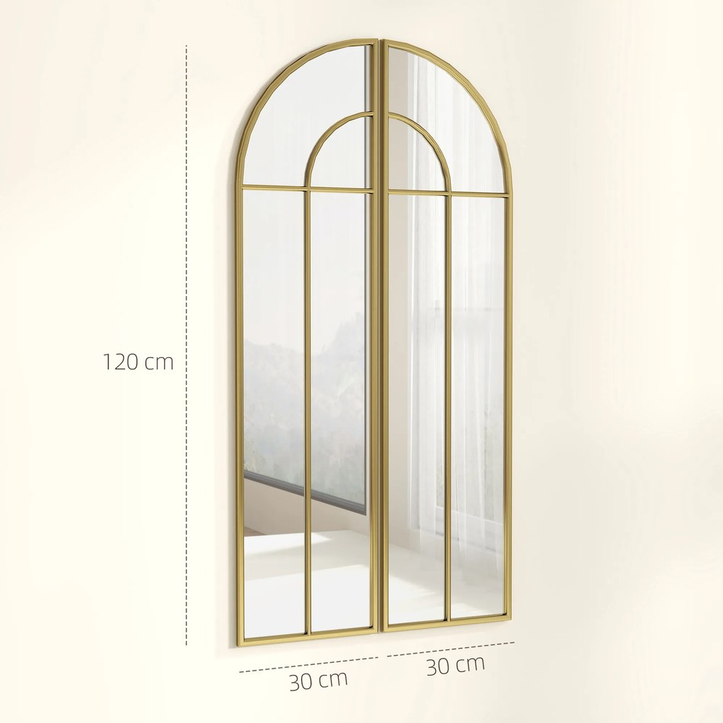 HOMCOM Dekorativní Zrcadlo na Zeď 2 Kusy 30x120 cm Okno se Zakřiveným Designem a Kovovým Rámem pro Obývací Pokoj, Ložnici a Vstup Gold