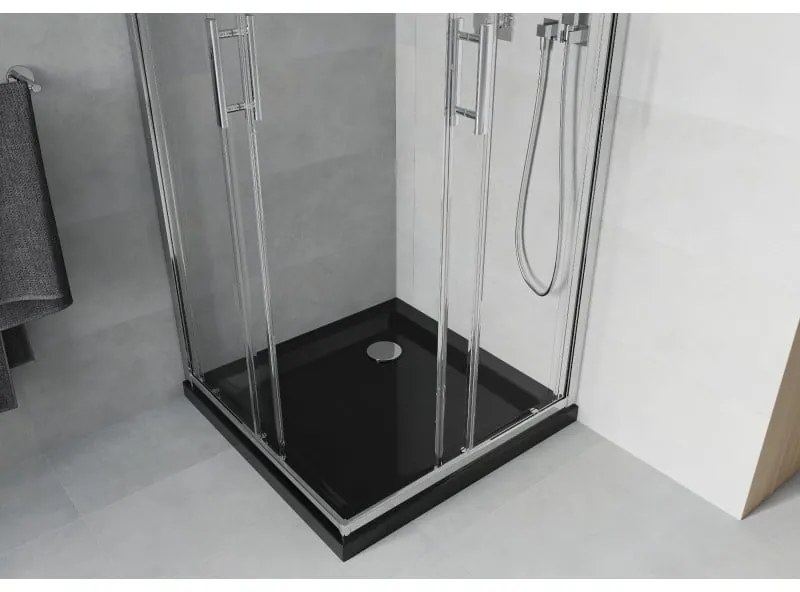 Mexen Rio, čtvercový sprchový kout s posuvnými dveřmi 90 x 90 cm, 5mm čiré sklo, chromový profil + černá sprchová vanička, 860-090-090-01-00-4070