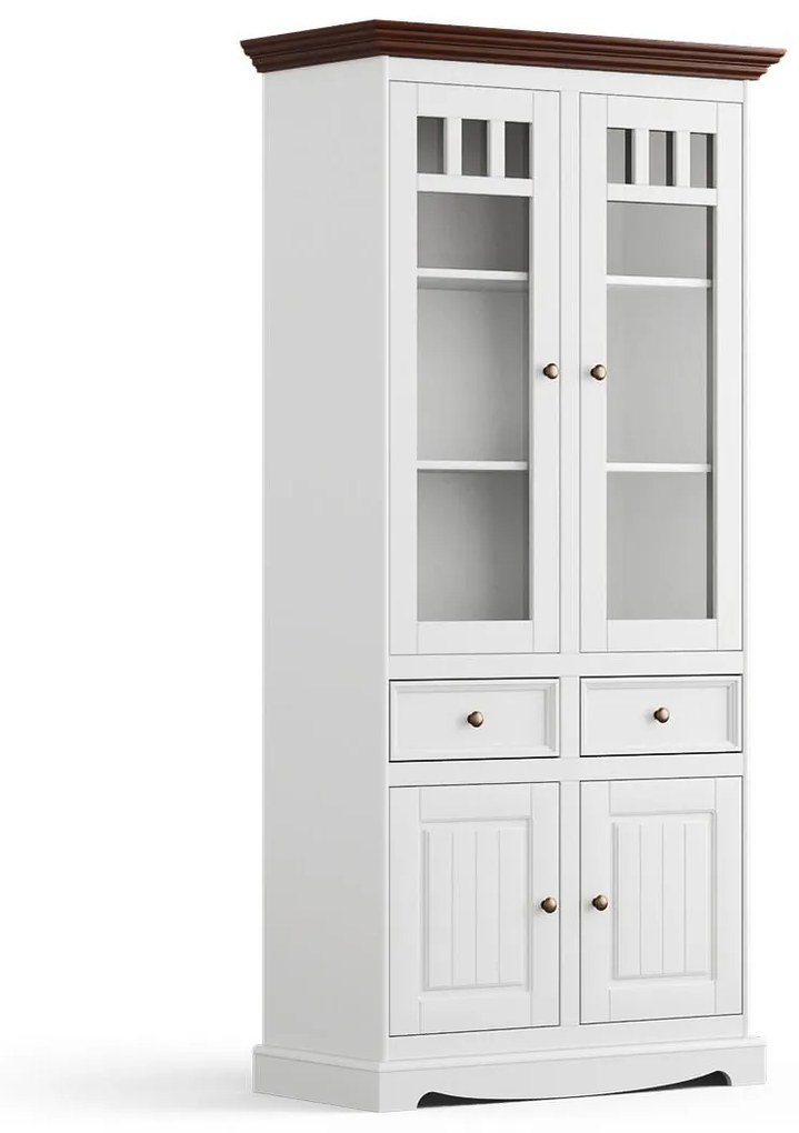Dvoudveřová vitrína sklo, borovice, barva bílá - ořech, kolekce Belluno Elegante