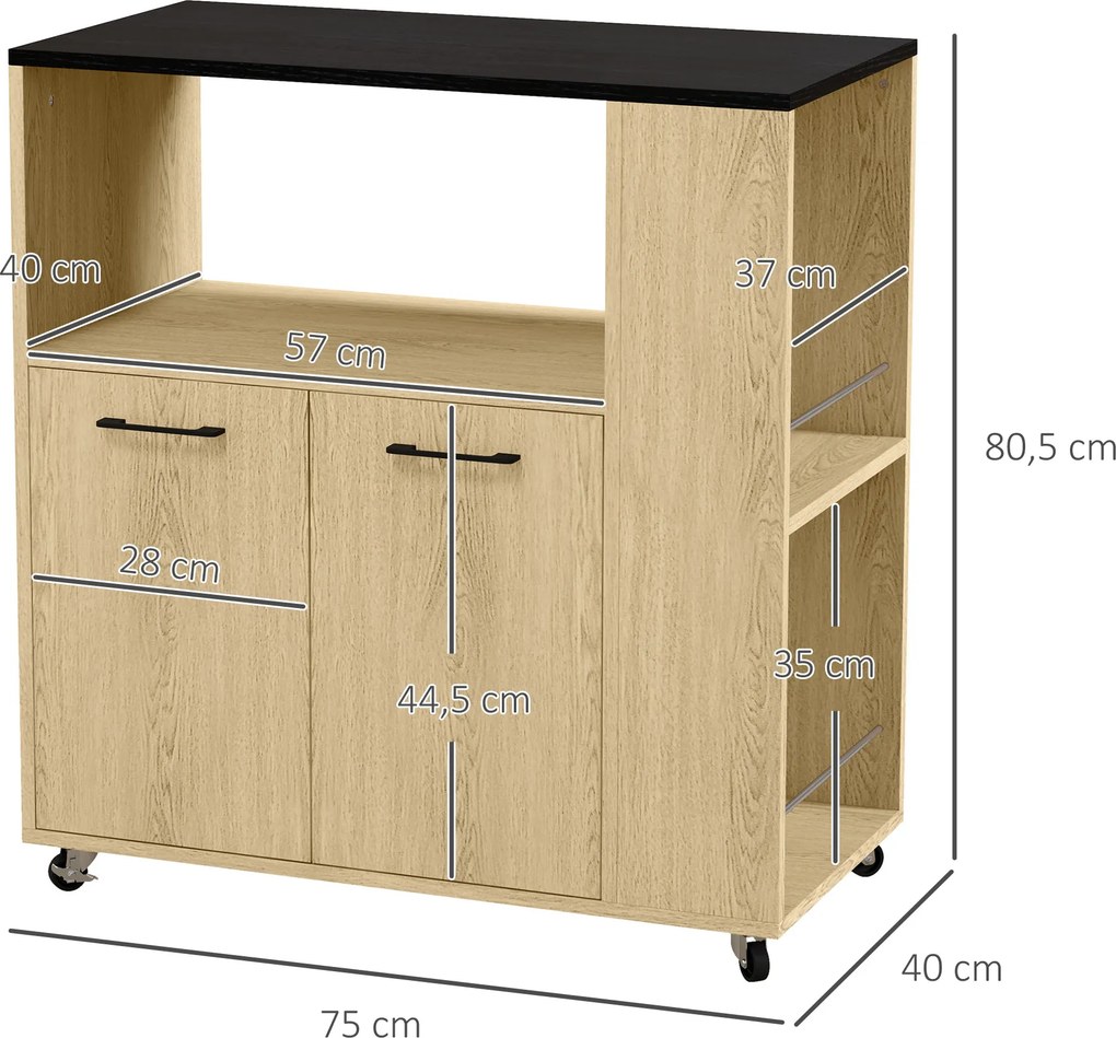 HOMCOM Vozík do kuchyně s kolečky, Servírovací vozík, Nastavitelná police, Úložná jednotka pro kuchyň a obývací pokoj 75 x 40 x 80,5 cm, Přírodní dře…