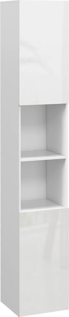 Vysoký koupelnový skříň Kleankin, lesklý povrch, nastavitelné police, 2 skříňky a 2 niky, koupelnová úložná police, 30 x 181,5 cm, bílá