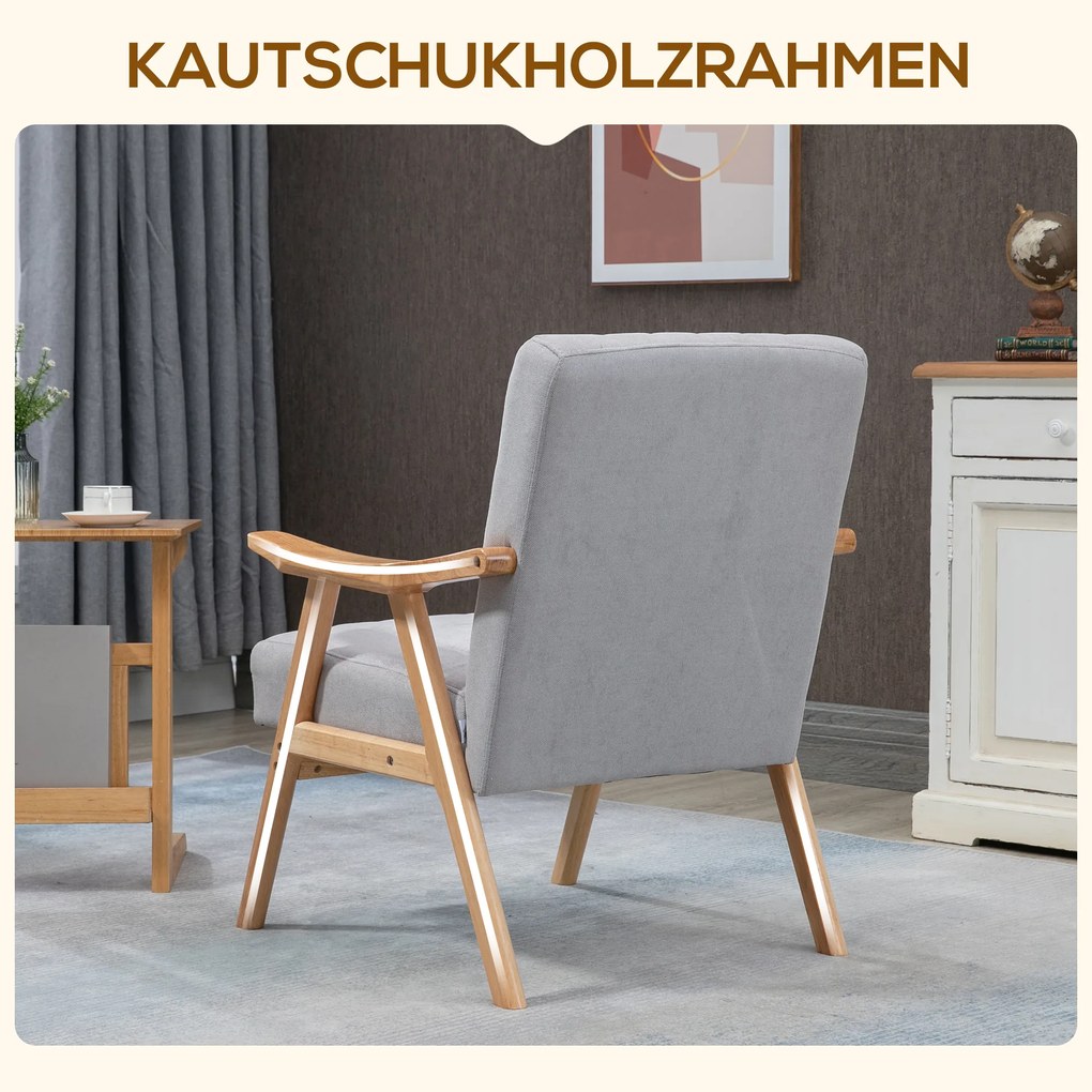 Křeslo HOMCOM Čalouněné křeslo s područkami Křeslo do obývacího pokoje Relaxační křeslo Scandi design Nohy z gumového dřeva Světle šedá barva do obýv…