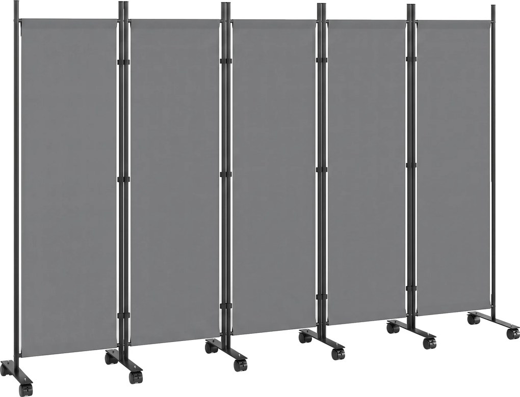 Outsunny 5dílný skládací paraván 252 × 40 × 170 cm — volně stojící paraván s 12 kolečky, ocelový rám, voděodpudivý polyester, tmavě šedý (vnitřní/přís