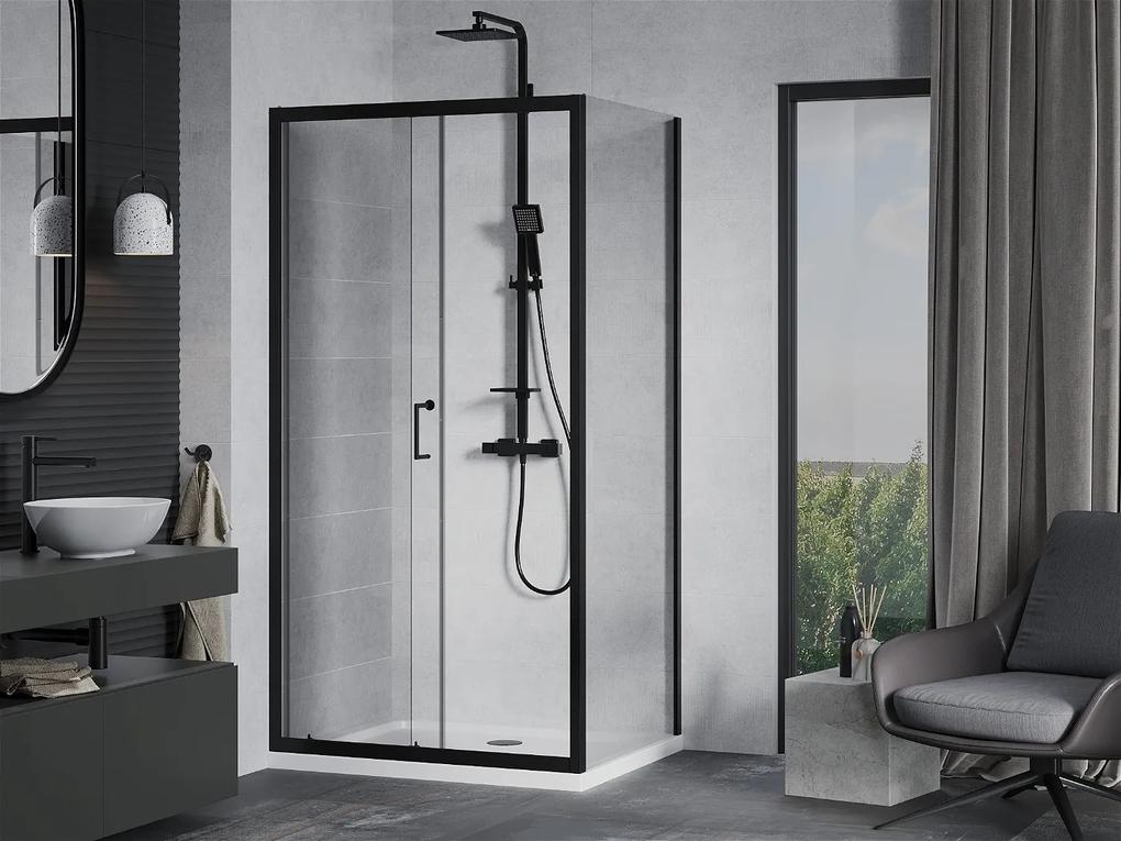 Mexen APIA, sprchový kout s posuvnými dveřmi 140 (dveře) x 80 (stěna) cm, 5mm čiré sklo, černý profil + bílá sprchová vanička, 840-140-080-70-00-4010B