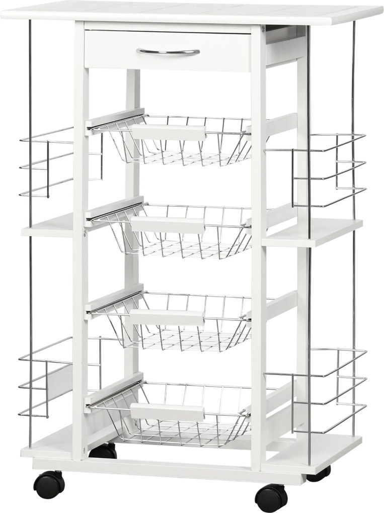 HOMCOM Kuchařský vozík na kolečkách s dlažkou a zásuvkou, 4 kovové košíky a 4 boční stojany na kořenky pro jídelnu, 57x37x83 cm Bílý | Aosom