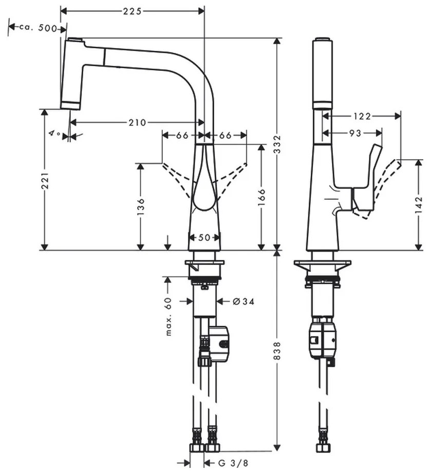 Hansgrohe Metris - Páková kuchyňská baterie 220 s odnímatelnou sprškou, chrom 14834000