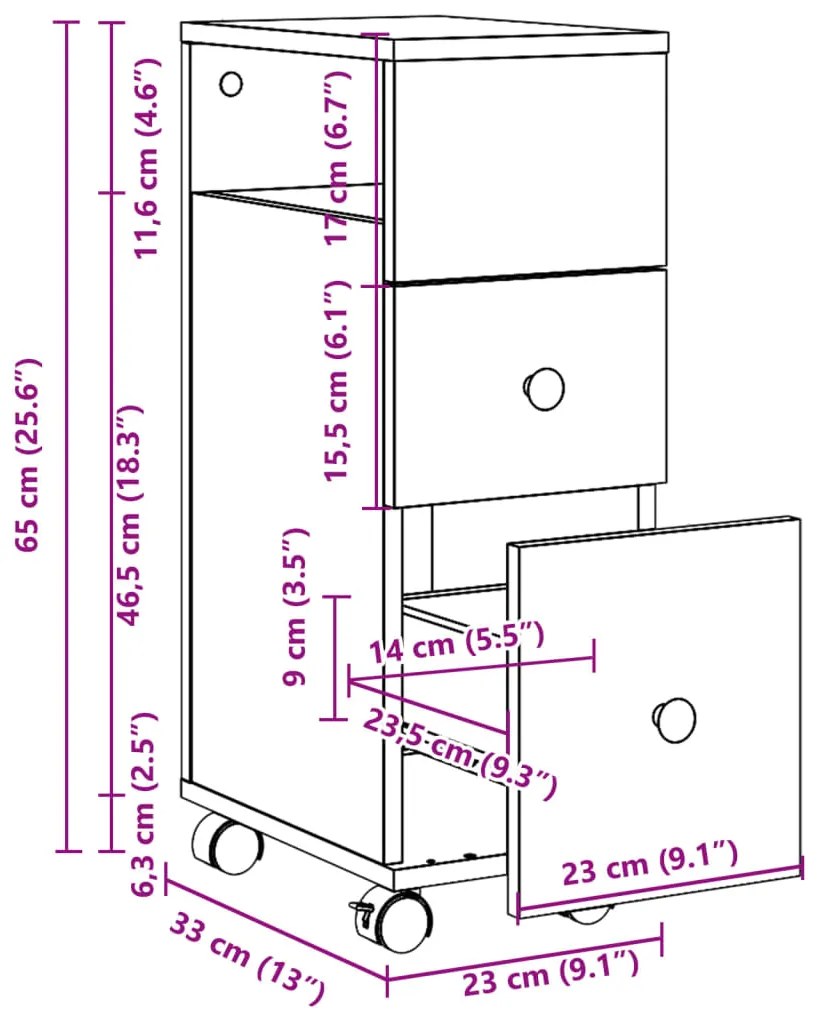 Úzká koupelnová skříňka na kolečkách dub sonoma kompozit