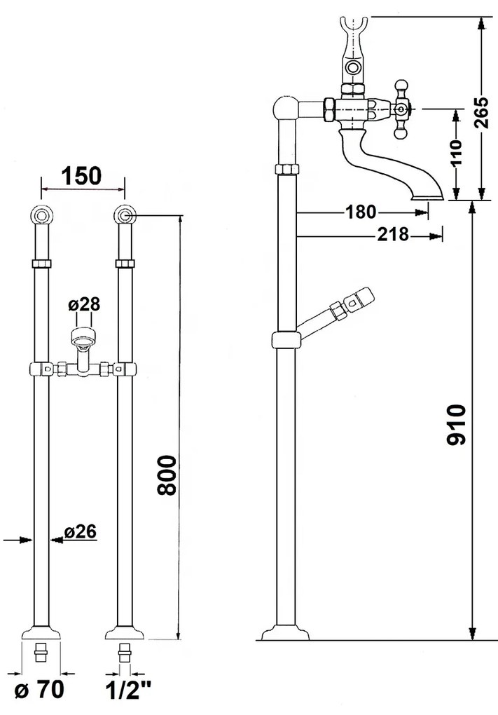 Reitano Rubinetteria ANTEA připojení pro instalaci vanové retro baterie do podlahy (pár), bronz 9846