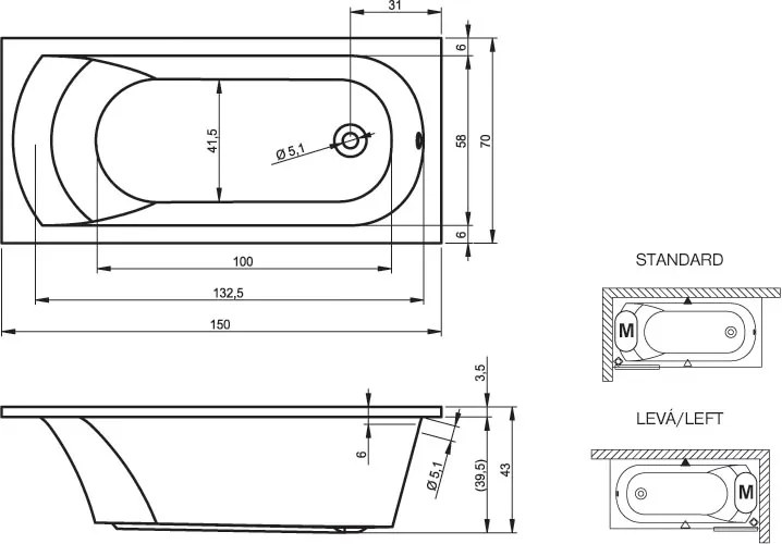 Riho Miami obdelníková vana 150 x 70 BB58