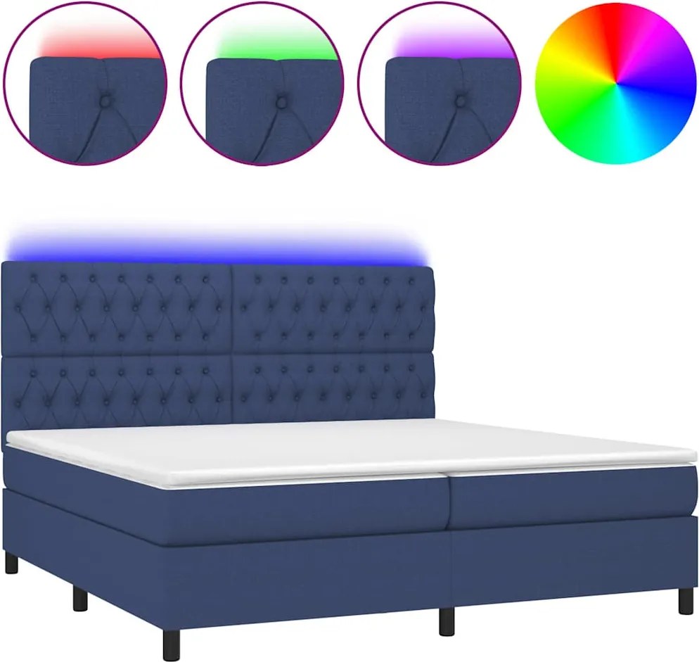 Box spring postel s matrací a LED modrá 200x200 cm textil 3135147