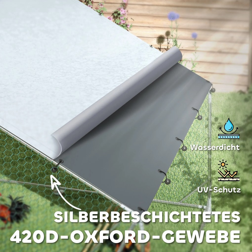 Ocelový výběh pro kuřata PawHut, 300 x 600 x 195 cm, klec pro kuřata s krytem odolným proti UV záření, dvířka na krmení, závěsné krmítko, hřad, výběh…