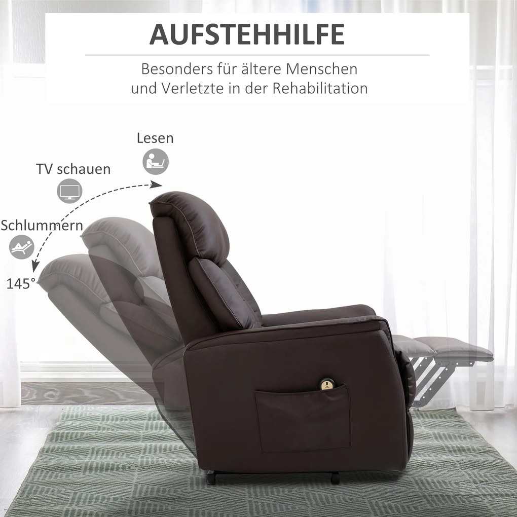 HOMCOM elektrické křeslo se stojanem TV křeslo se stojanem, polohovací s funkcí sklápění, imitace kůže, hnědá, 80 x 94 x 104 cm| Aosom