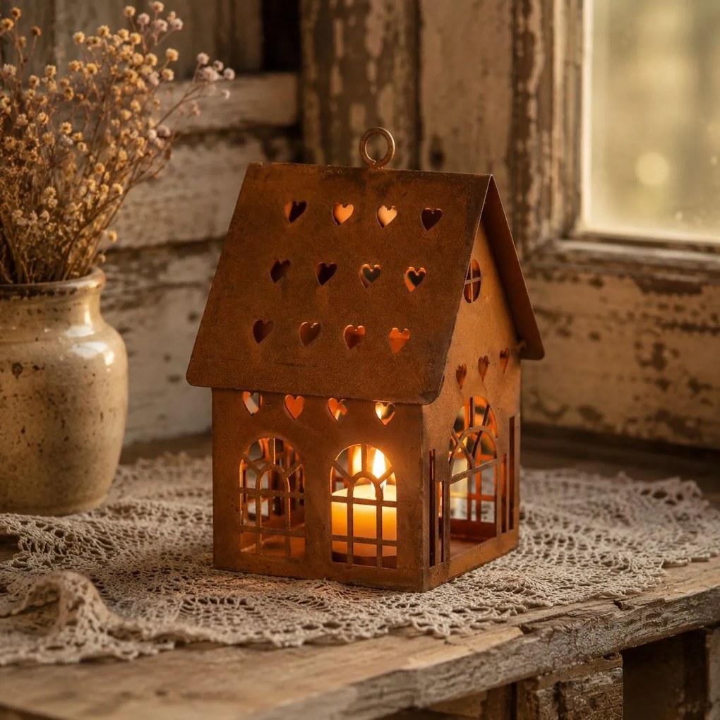 Rezavý svícen ve tvaru domku Rustic Charm - 12*12*20 cm