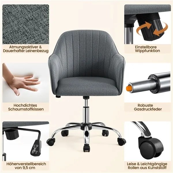 Kancelářská židle Yaheetech – tmavě šedá, 60 cm (šířka) × 61 cm (hloubka) × 83 cm – 92,5 cm (výška) (267660313202)