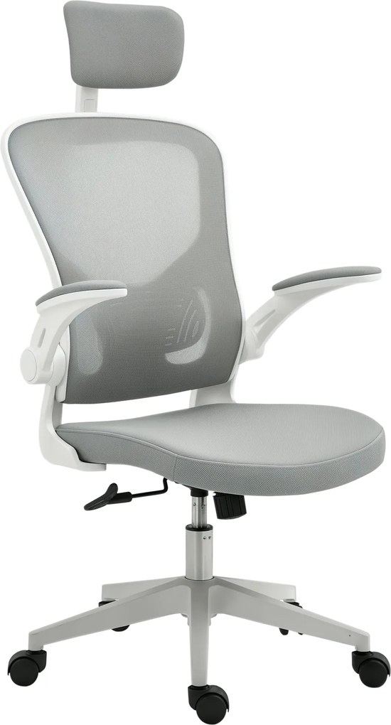 Ergonomická kancelářská židle Vinsetto s funkcí houpání, vysokým opěradlem, bederní oporou, opěrkou hlavy a skládacími područkami, šedá 65 x 64 x 114-