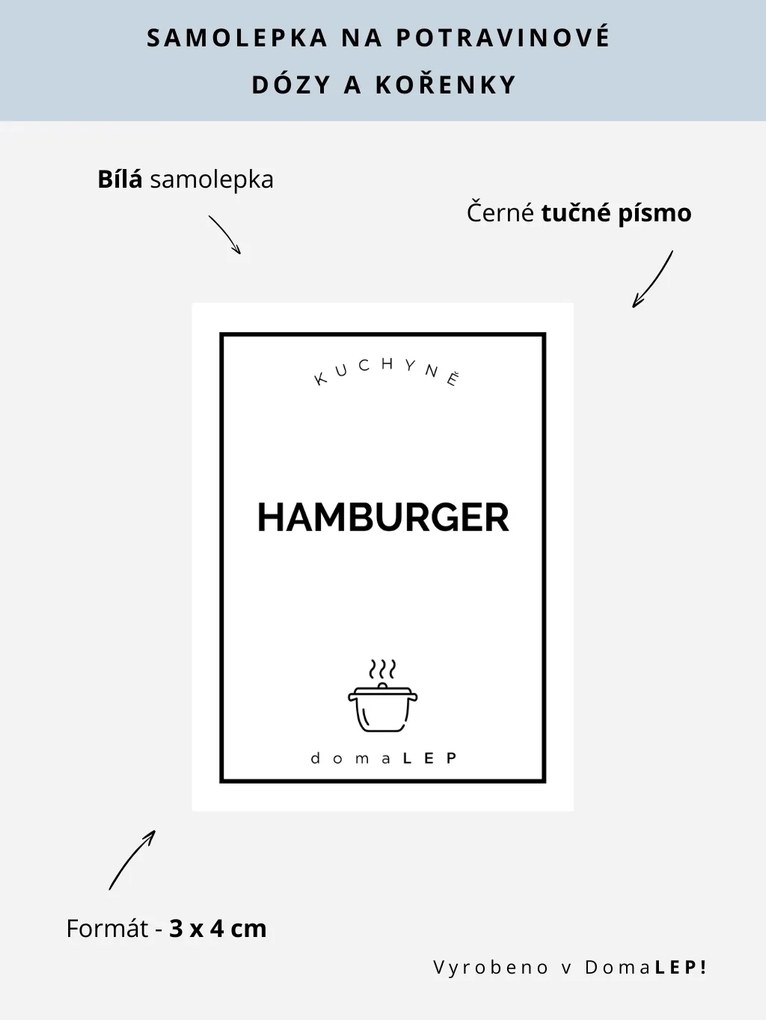 Samolepka na kořenky HAMBURGER bílá 3 × 4 cm tučné písmo