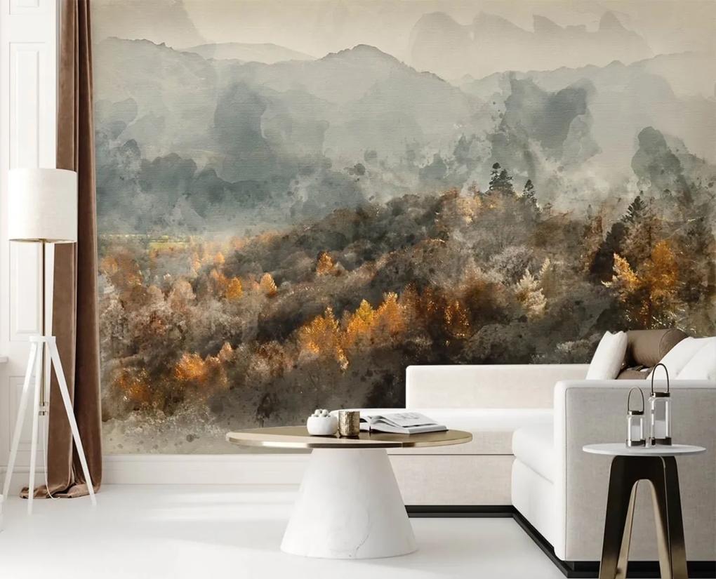 Fototapeta, Podzimní les zahalený v mlze - akvarelová abstrakce - 368x254 cm