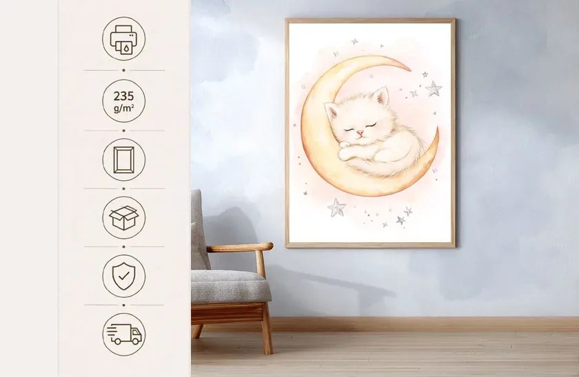 Koťátko mezi hvězdami - obraz - Spící koťátko na měsíci 76 - 70 x 100 cm - 1 149 Kč