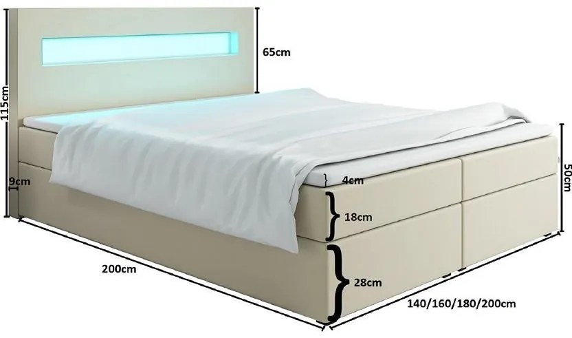 KENIX LOZE 140x200 boxspring postel s LED osvětlením béžová 140 x 115 x 209 cm