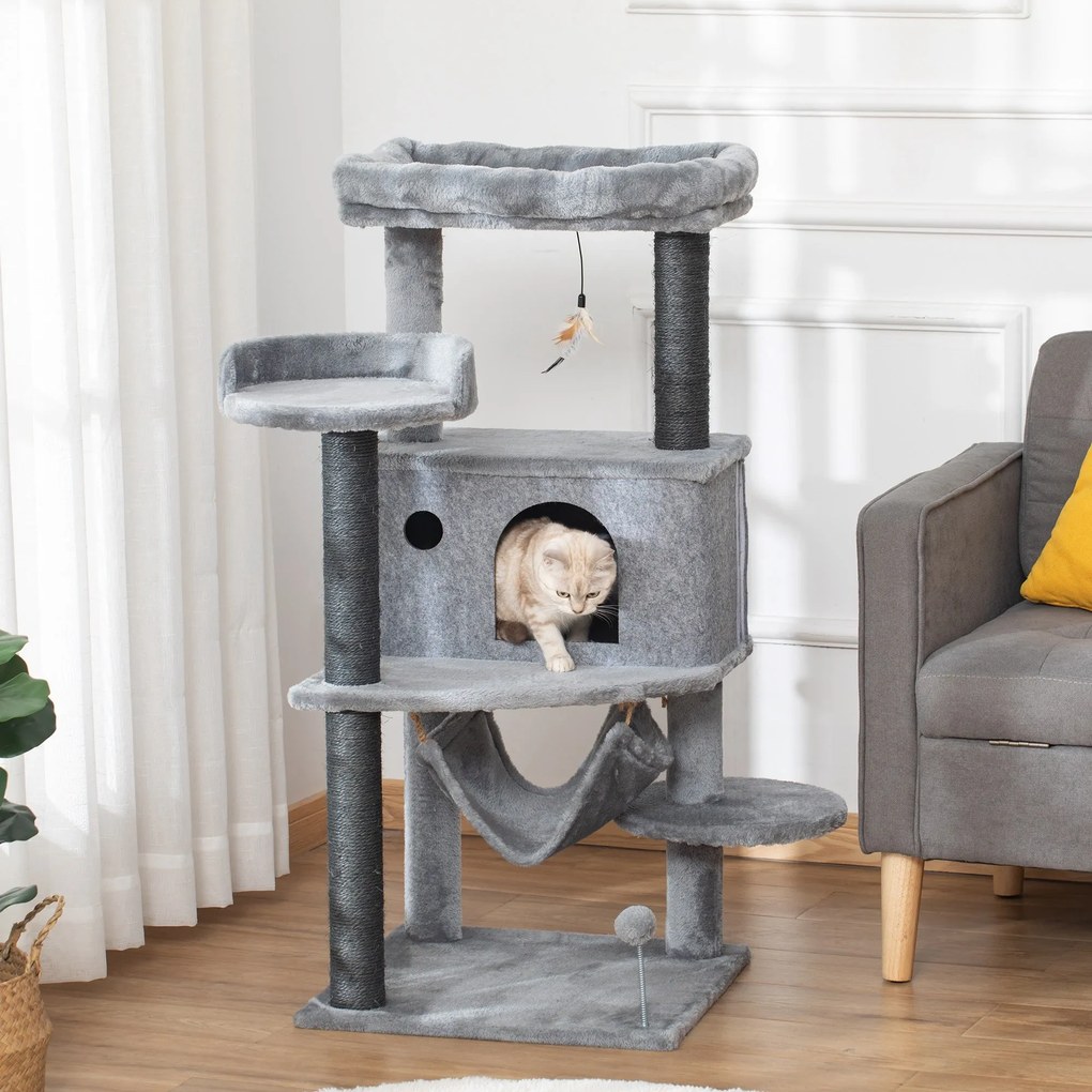 Strom pro kočky PawHut 48x48x107 cm s odnímatelným feltovým hnízdem, hammockem, plyšovými postelemi, více platformami, sisalovými sloupky a hračkami Š