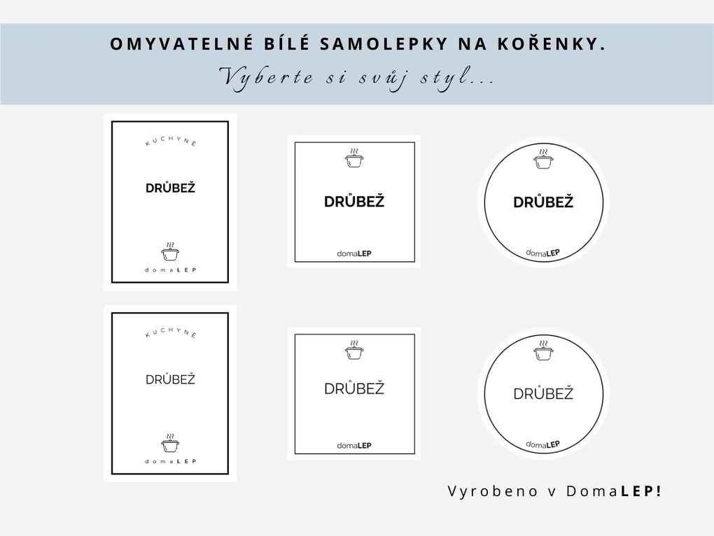 DRŮBEŽ - omyvatelná samolepka na kořenky, výběr rozměrů Ø 5 cm / 5 x 5 cm / 6 x 8 cm | DomaLEP tvar: OBDÉLNÍK, barva: BÍLÁ - ČERNÉ písmo, velikost: š. 6 cm x v. 8 cm - tučné písmo