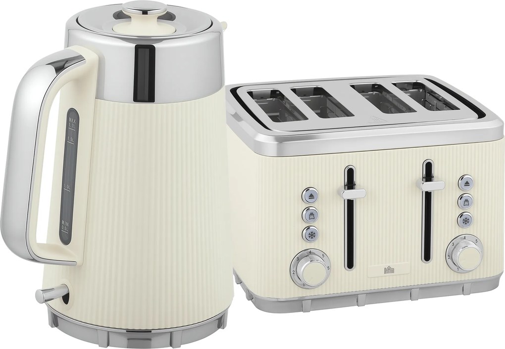 HOMCOM Varná konvice 2200 W, 1,7 l s funkcí rychlého vaření, filtr proti vodnímu kameni a toustovač na 4 plátky s 7 stupni opékání, krémová