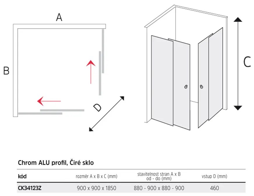Mereo Kora Lite sprchový kout čtvercový 90 x 90 x 185 cm aluchrom sklo čiré CK34123Z