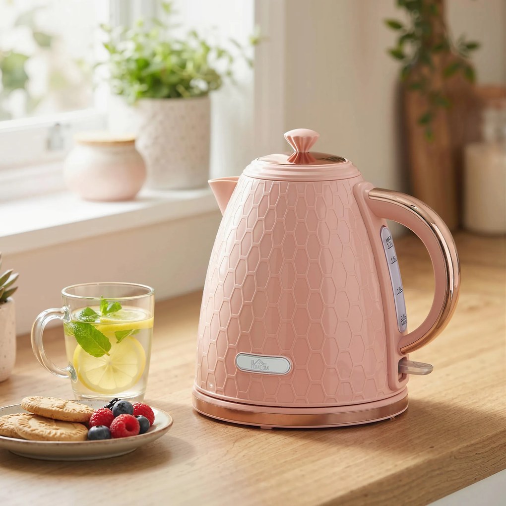HOMCOM Rychlovarná konvice, 2200 W, průhledné okénko, filtr, rychlovarná, světle růžová