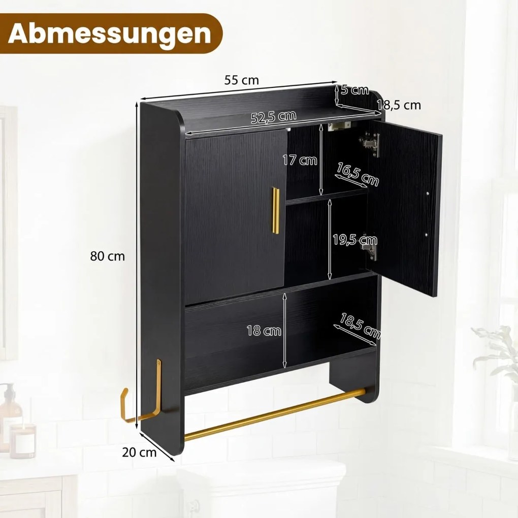 Costway Závěsná koupelnová skříňka 2 dveře police držák na – 55 x20 x80 cm
