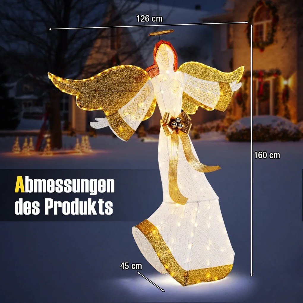 Costway Svítící vánoční anděl 160 cm, teplá bílá